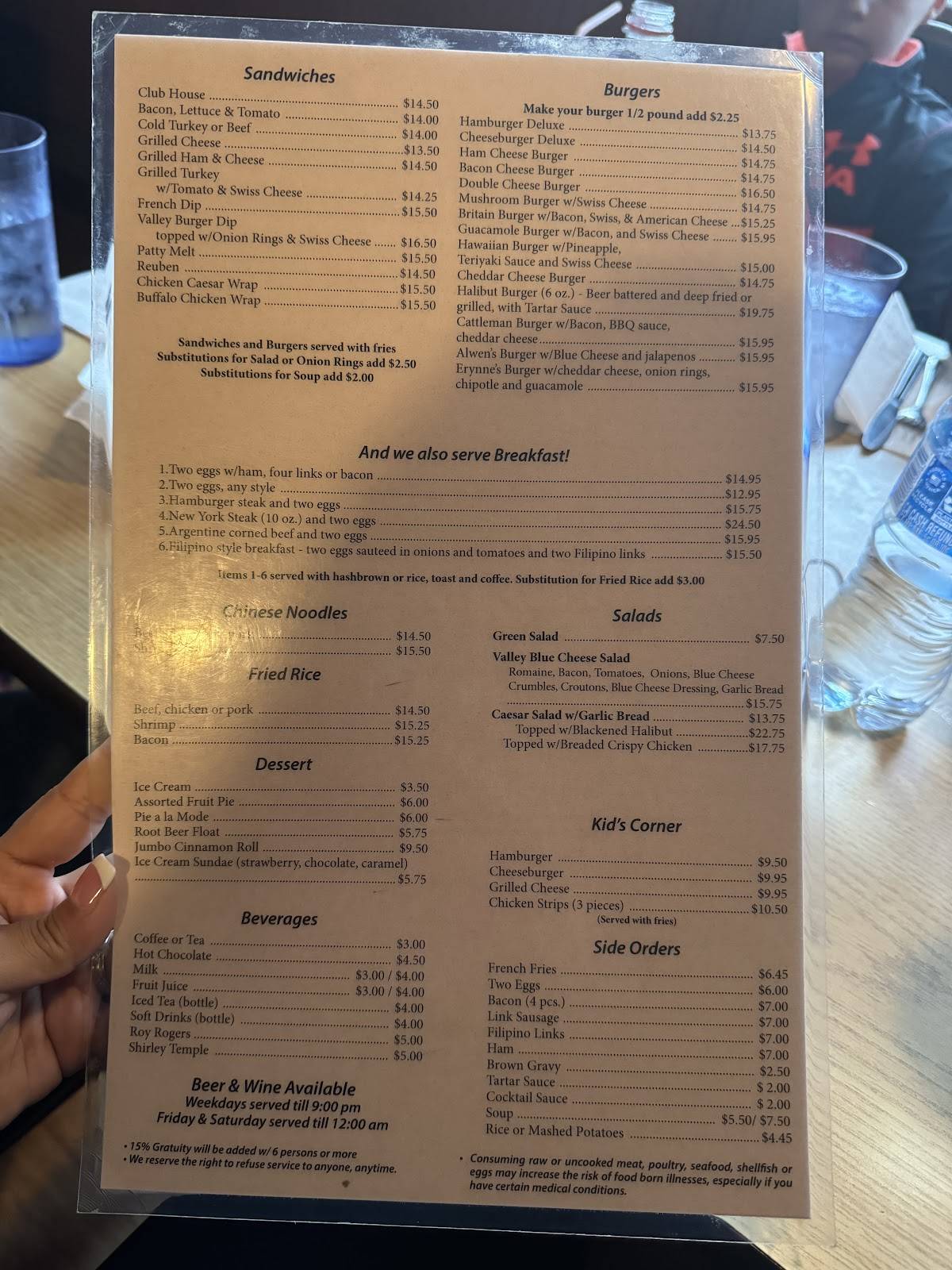 Menu at Valley Restaurant, Juneau, Glacier Hwy