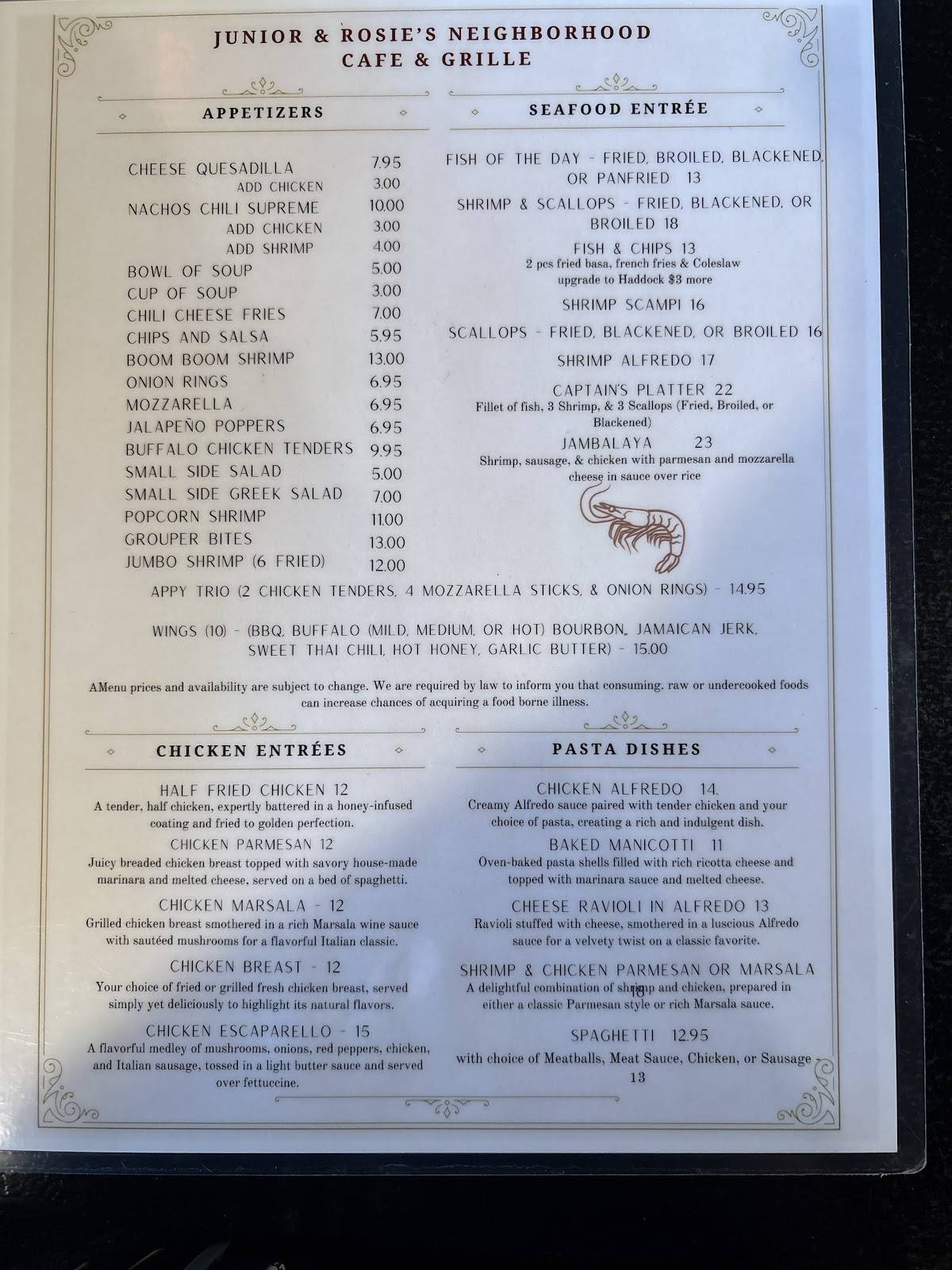 Menu at Junior & Rosie's Neighborhood Cafe & Grille, Englewood
