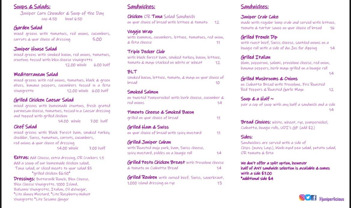 Menu at Juniper restaurant, Ridge Spring