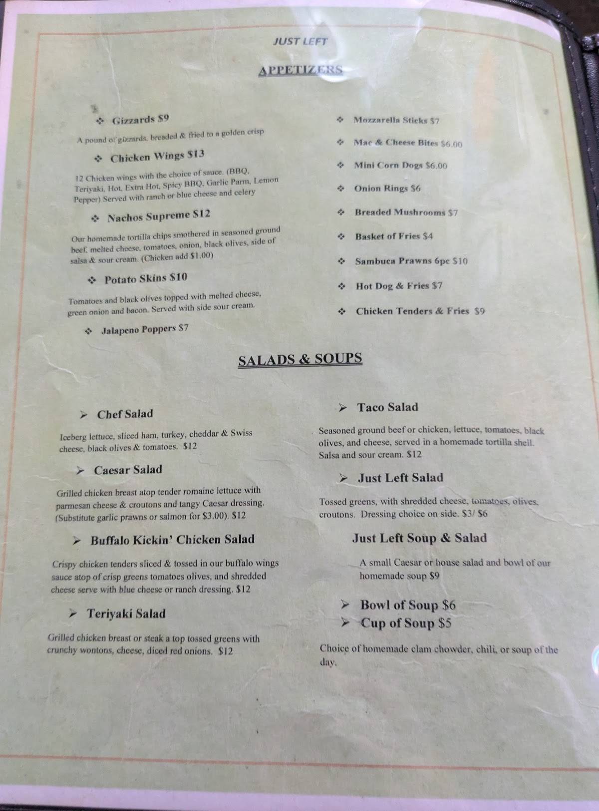 Menu at Just Left Pub & Grill, Lynnwood