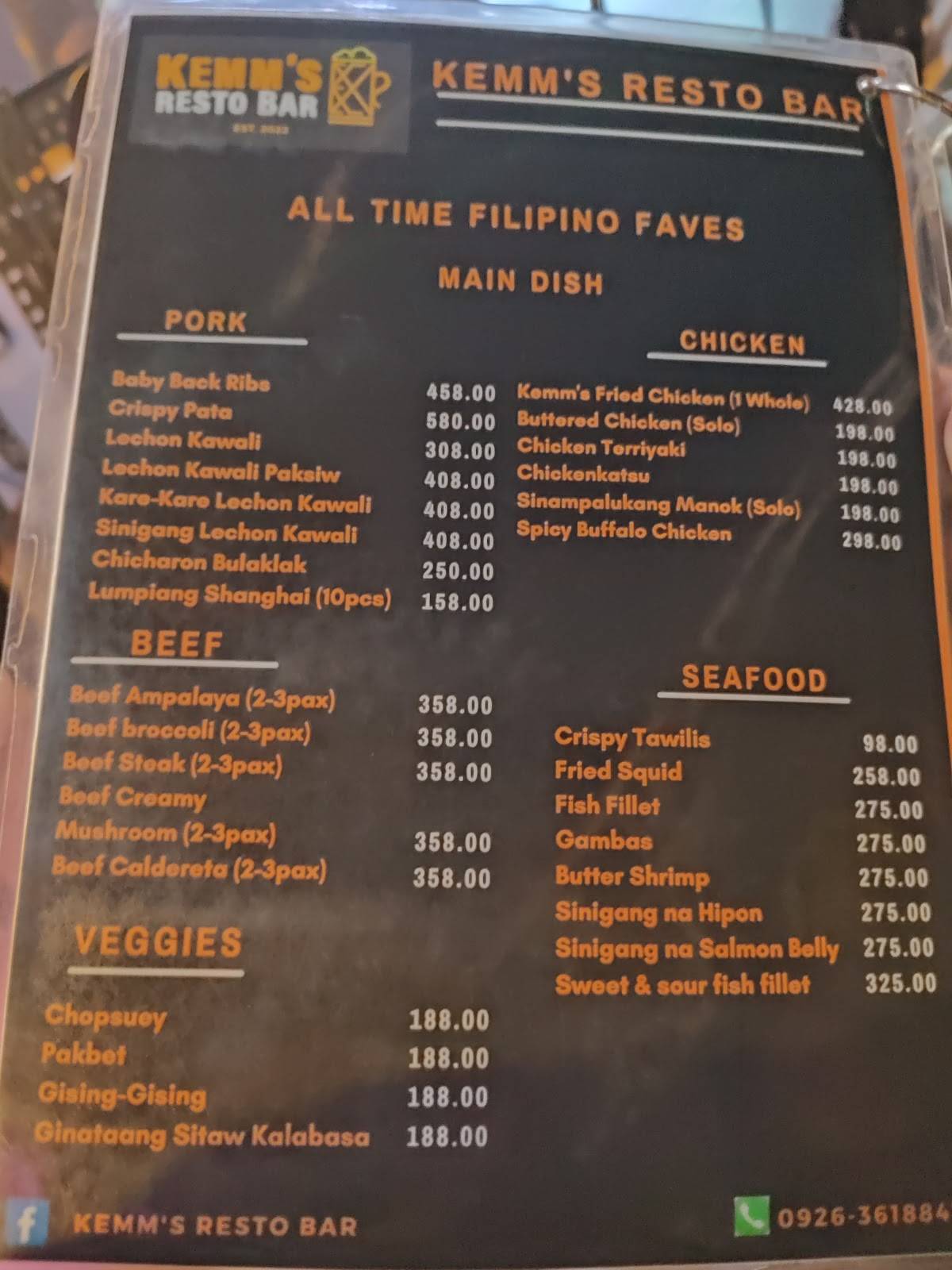 Menu at KEMM'S Restobar, Manila