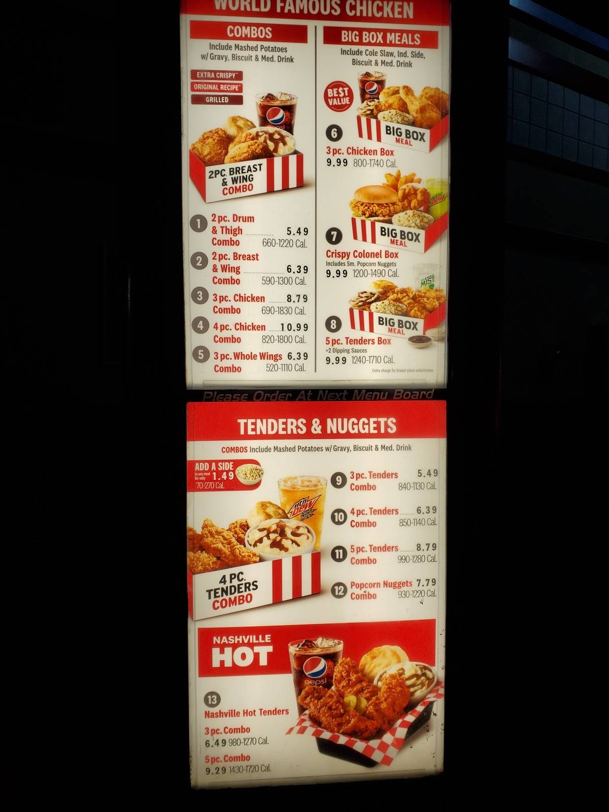 Menu at KFC fast food, Central Islip