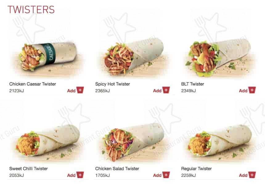 Menu at KFC fast food, Perth, 21/419 Wellington St