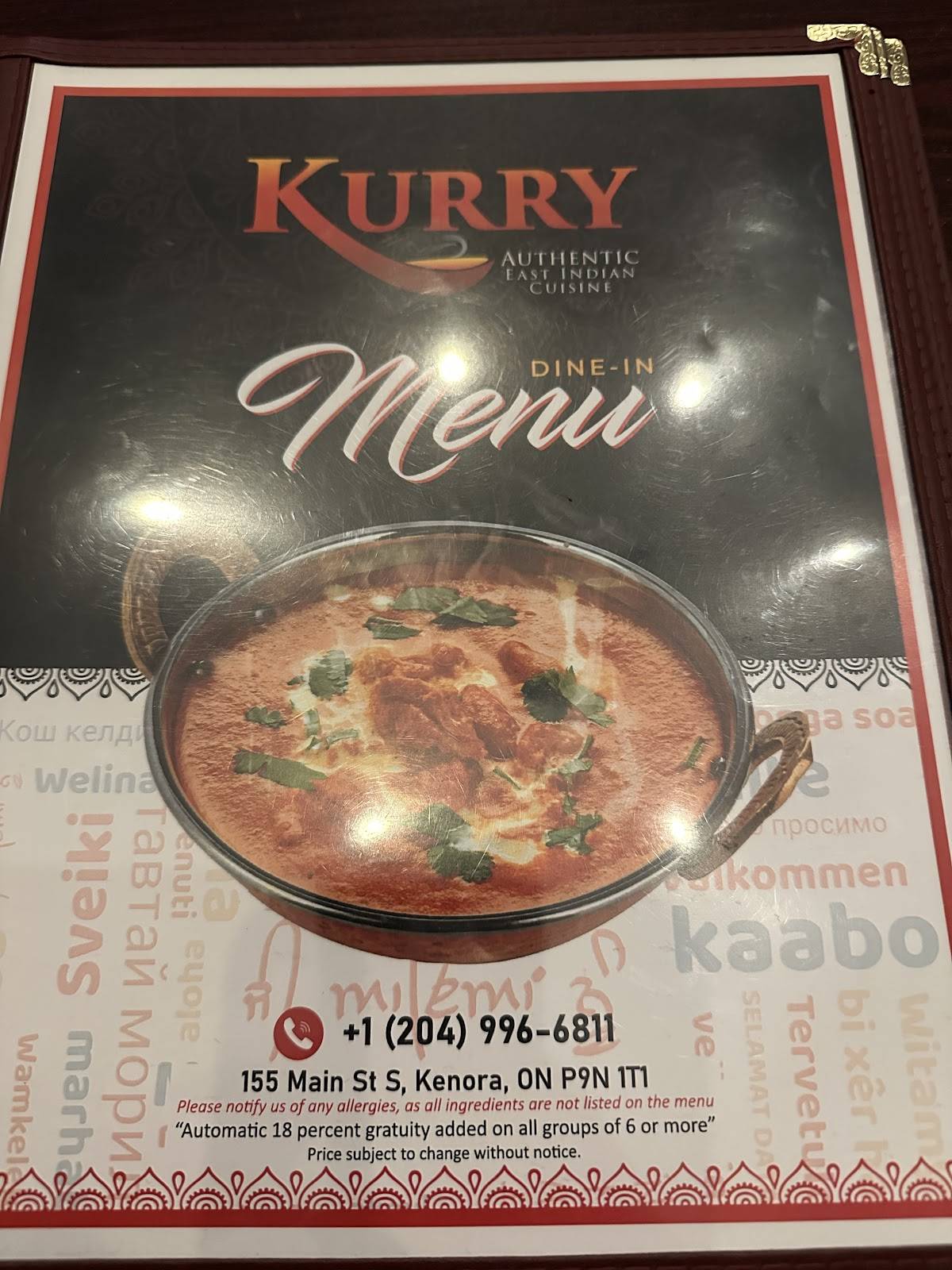 Menu at KURRY restaurant, Kenora