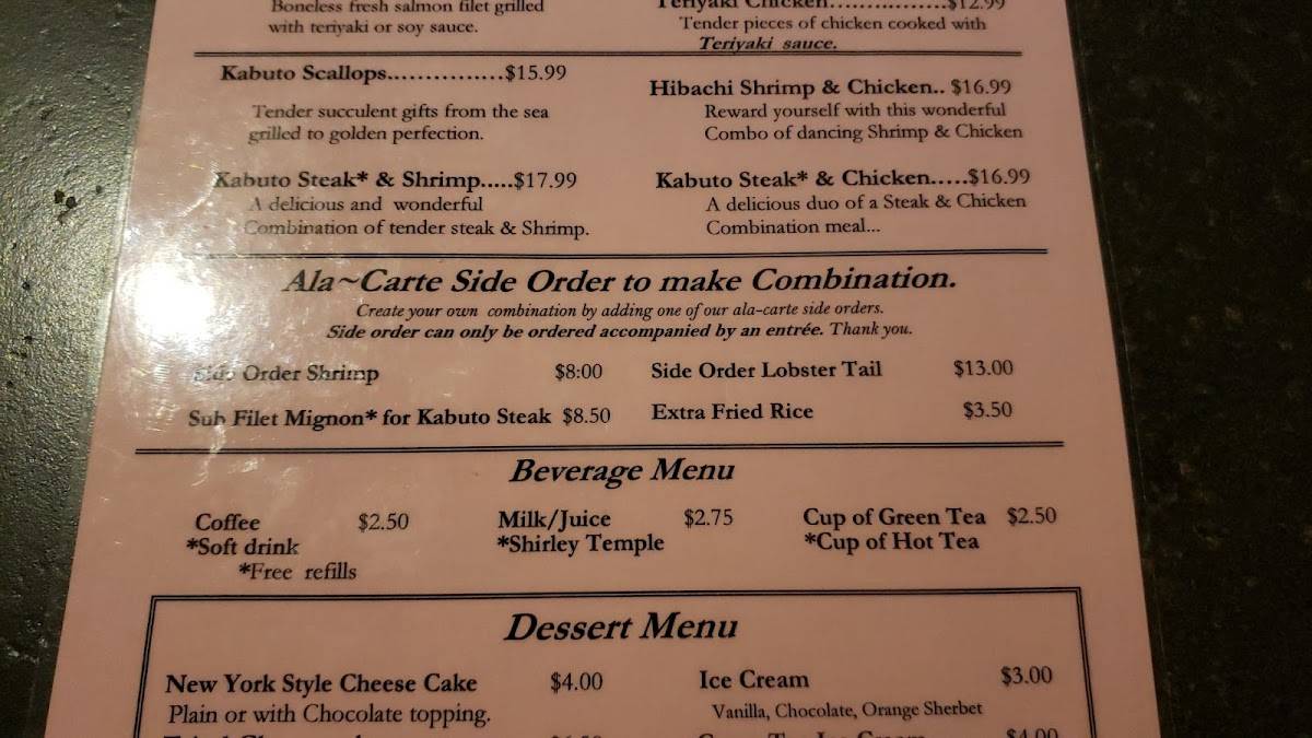 Menu at Kabuto Japanese House of Steaks and Sushi restaurant, Midlothian
