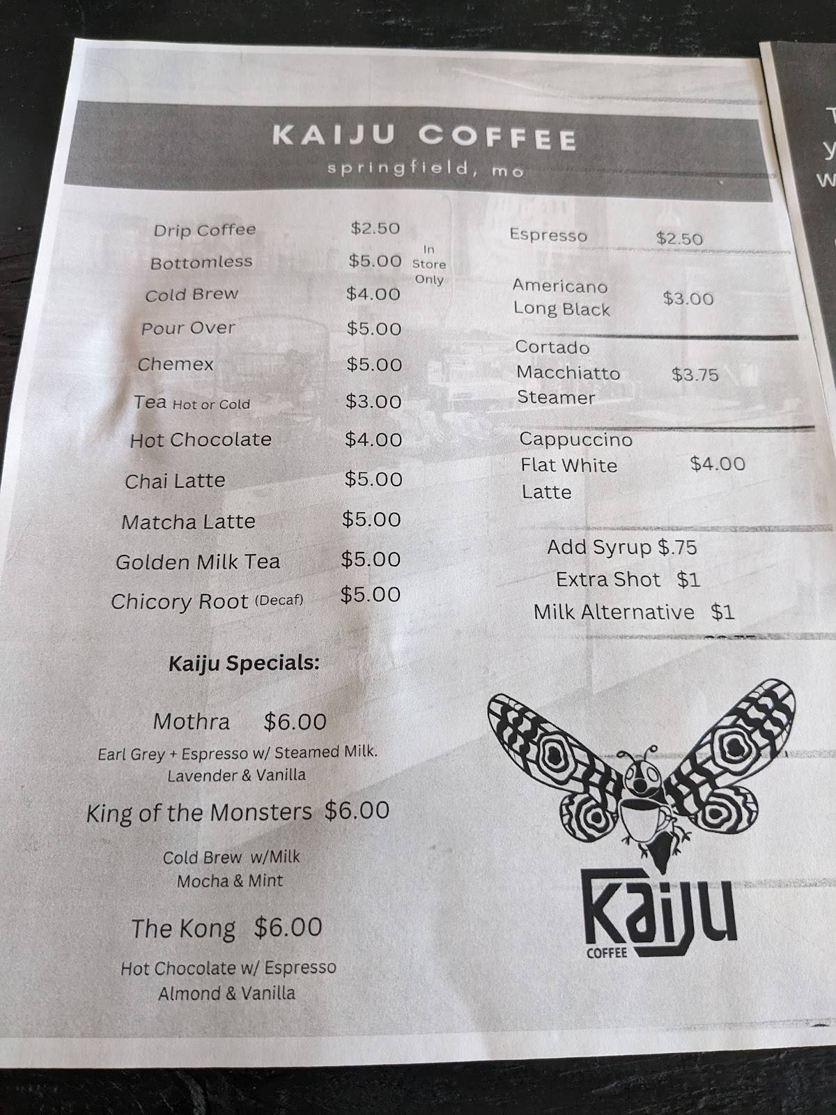 Menu at Kaiju Coffee, Springfield