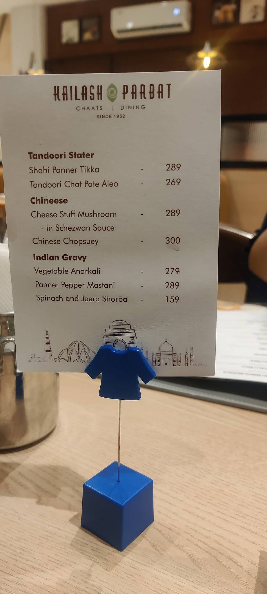 Menu at Kailash Parbat, Tiruppur