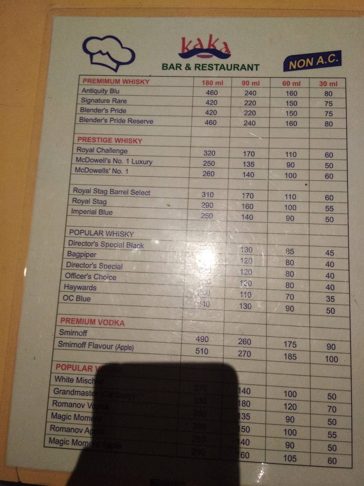 Menu at Kaka Bar & Restaurant, Mumbai, 90 Feet Road