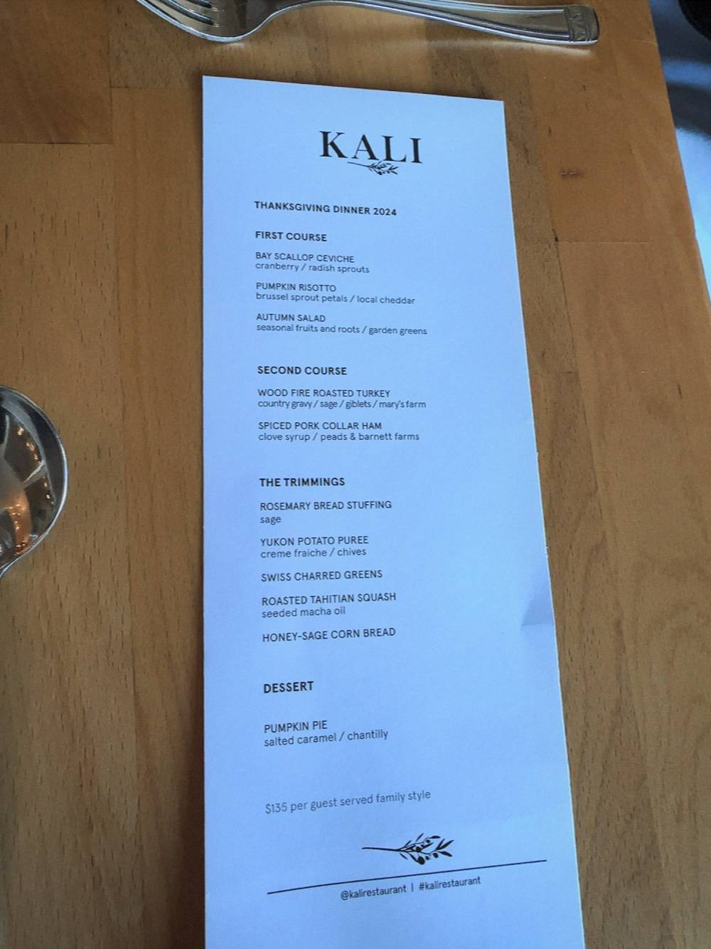 Menu at Kali restaurant, Los Angeles