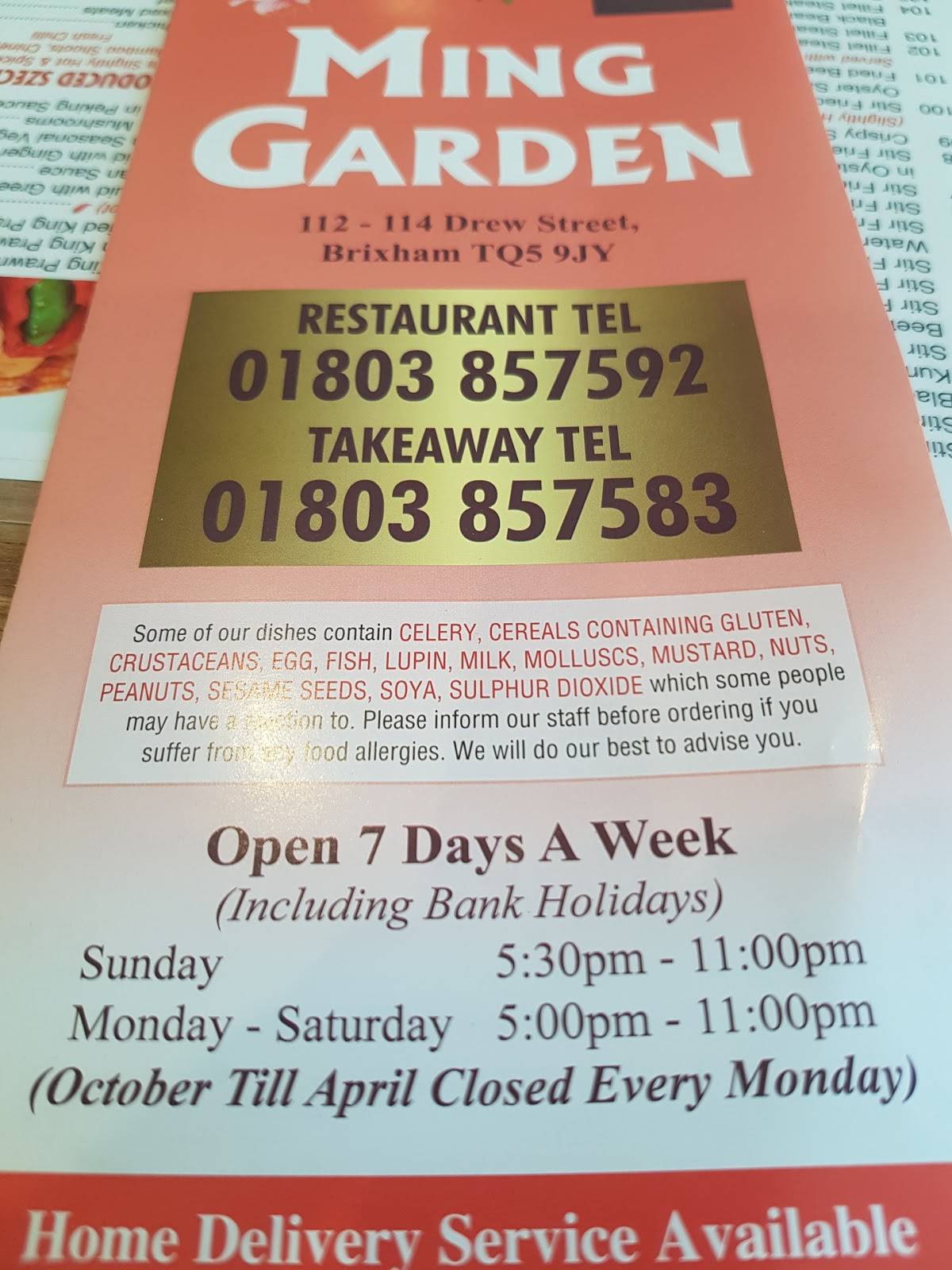 Menu at Kam Boat restaurant, Brixham