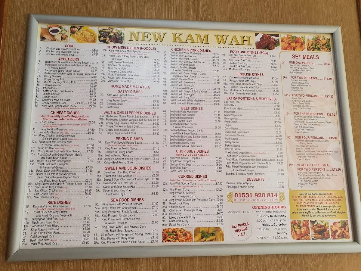Menu at Kam Wah fast food, Newent