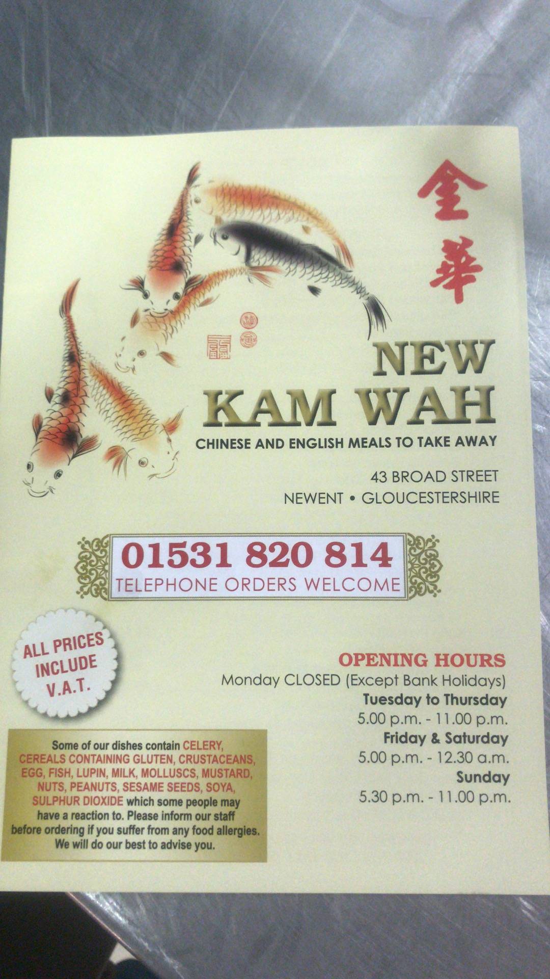 Menu at Kam Wah fast food, Newent