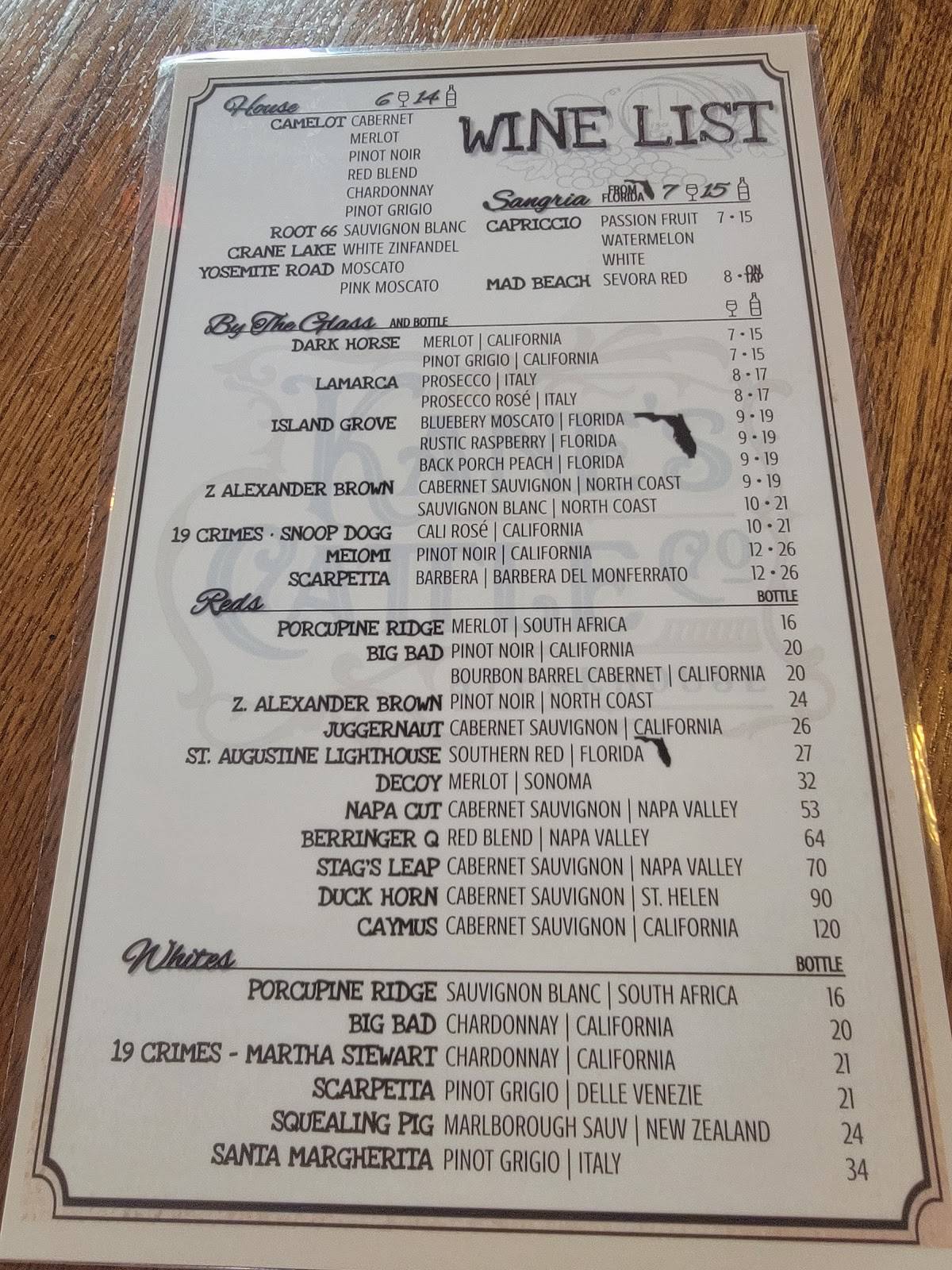 Menu at Kane's Cattle Co. steakhouse, Crystal River