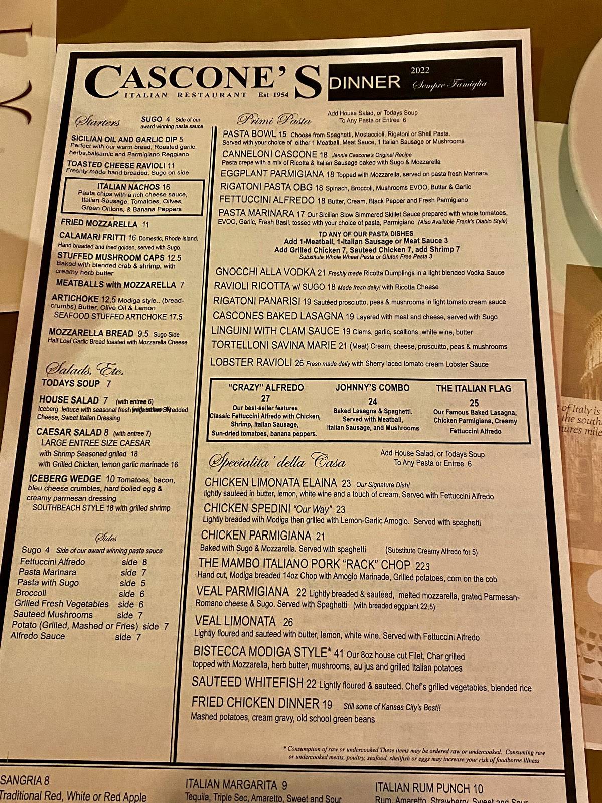 Menu at Cascone's restaurant, Kansas City, N Oak Trafficway