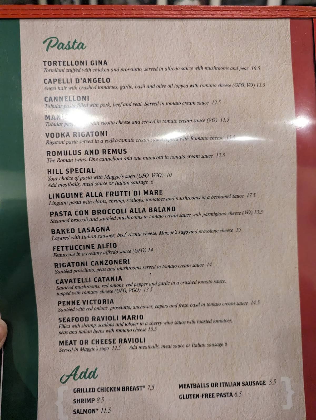 Menu at Garozzo's Downtown restaurant, Kansas City