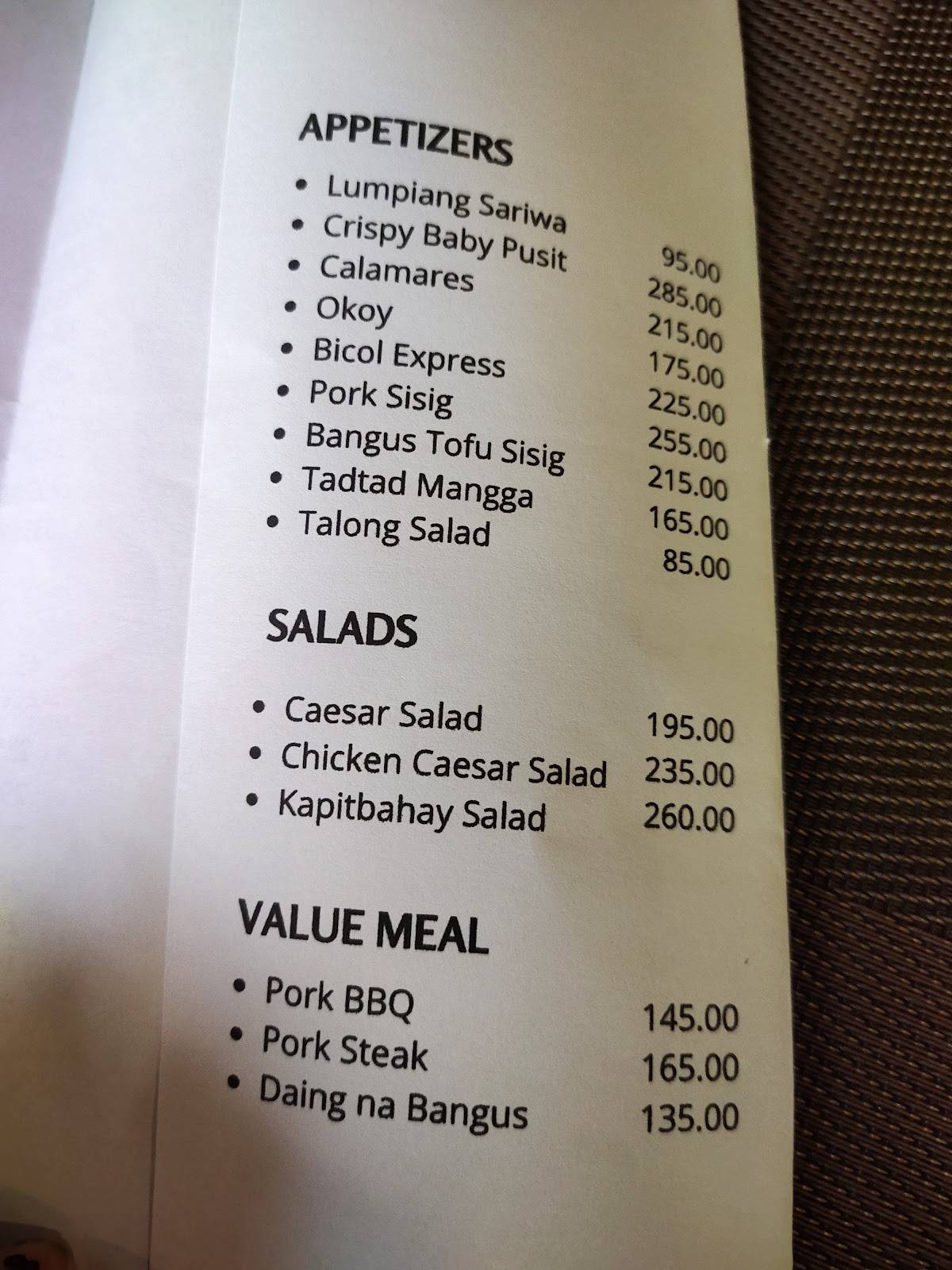Menu at Kapitbahay Filipino Cuisine Baras, Baras