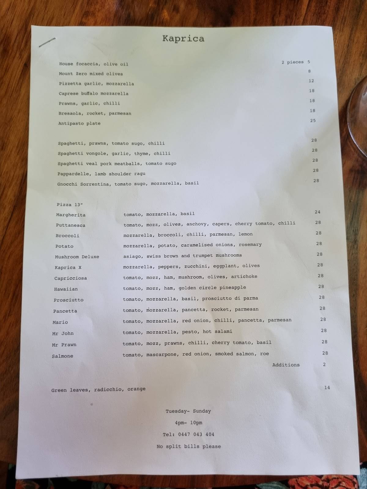 Menu at Kaprica pizzeria, Carlton