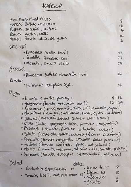 Menu at Kaprica pizzeria, Carlton