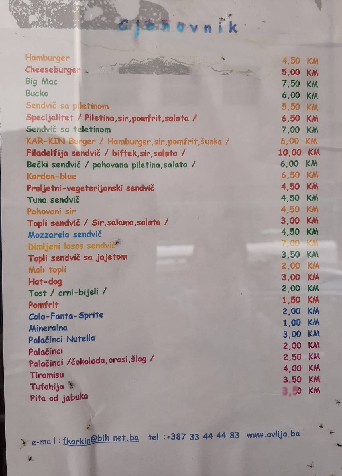 Menu at KarKin restaurant, Sarajevo