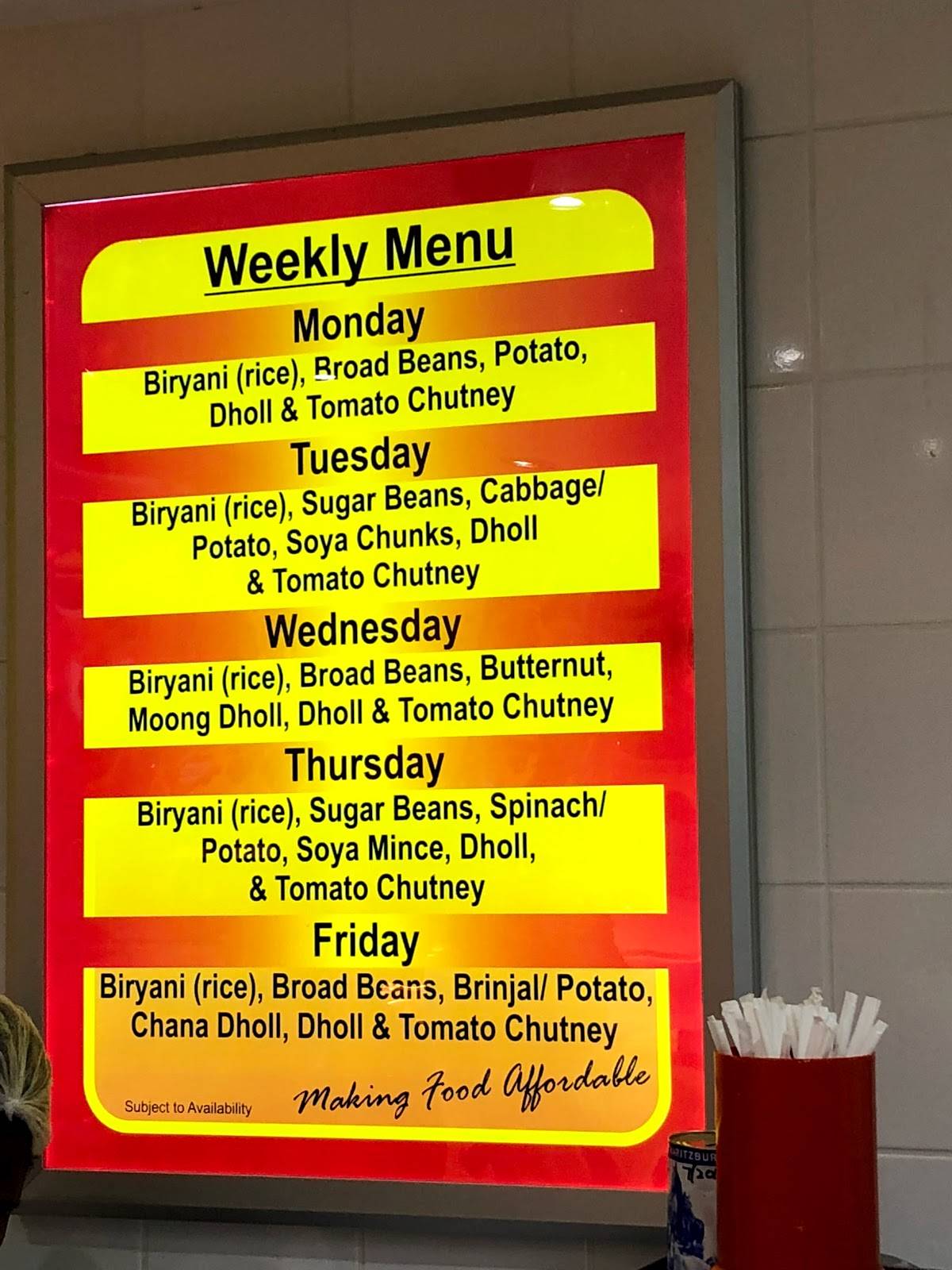 Menu at Kara Nichha's restaurant, Pietermaritzburg, 64 Alan Paton Ave