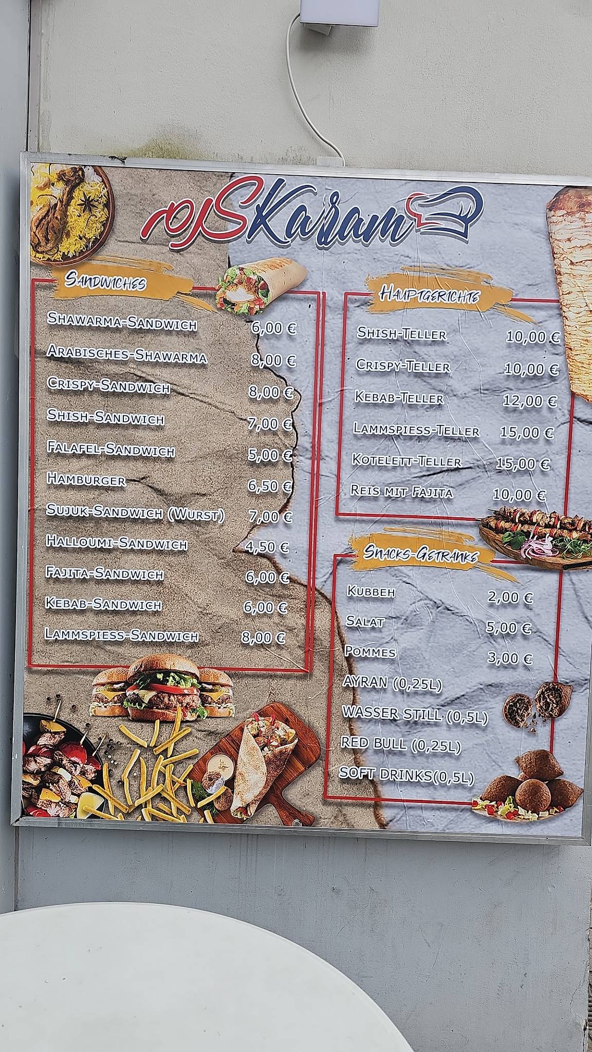Menu au Karam Imbiss restaurant, Bayreuth