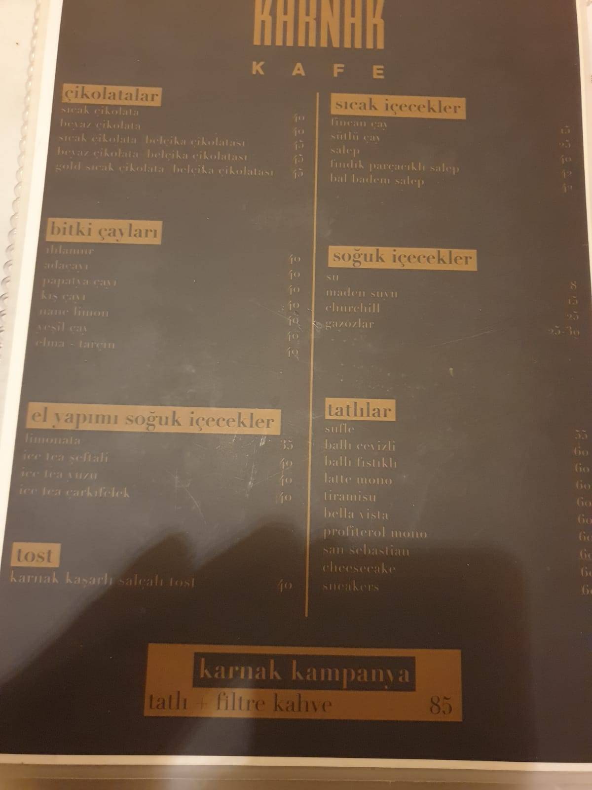 Carta de Karnak Kafe & Coffee shop, Estambul