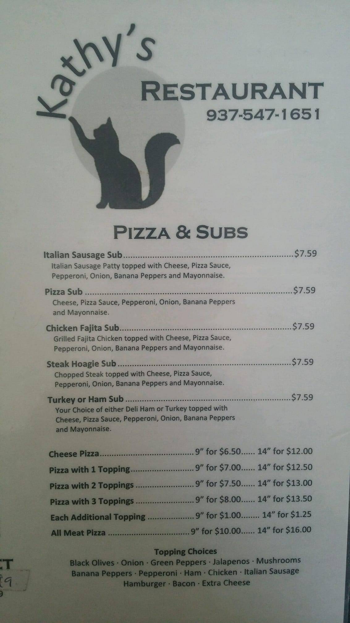 Menu at Kathy's Restaurant, Greenville