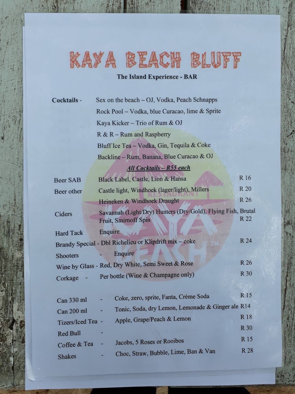 Speisekarte von Kaya Beach restaurant, Bluff