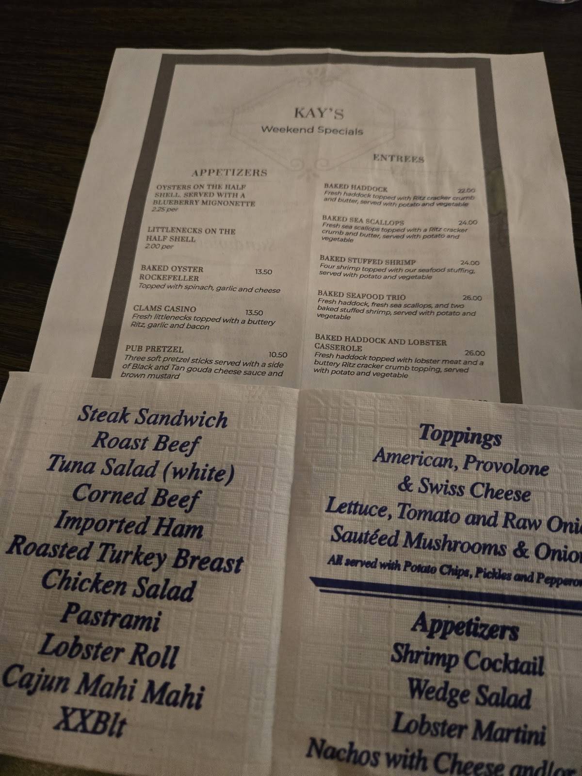 Menu at Kay's Restaurant, Woonsocket