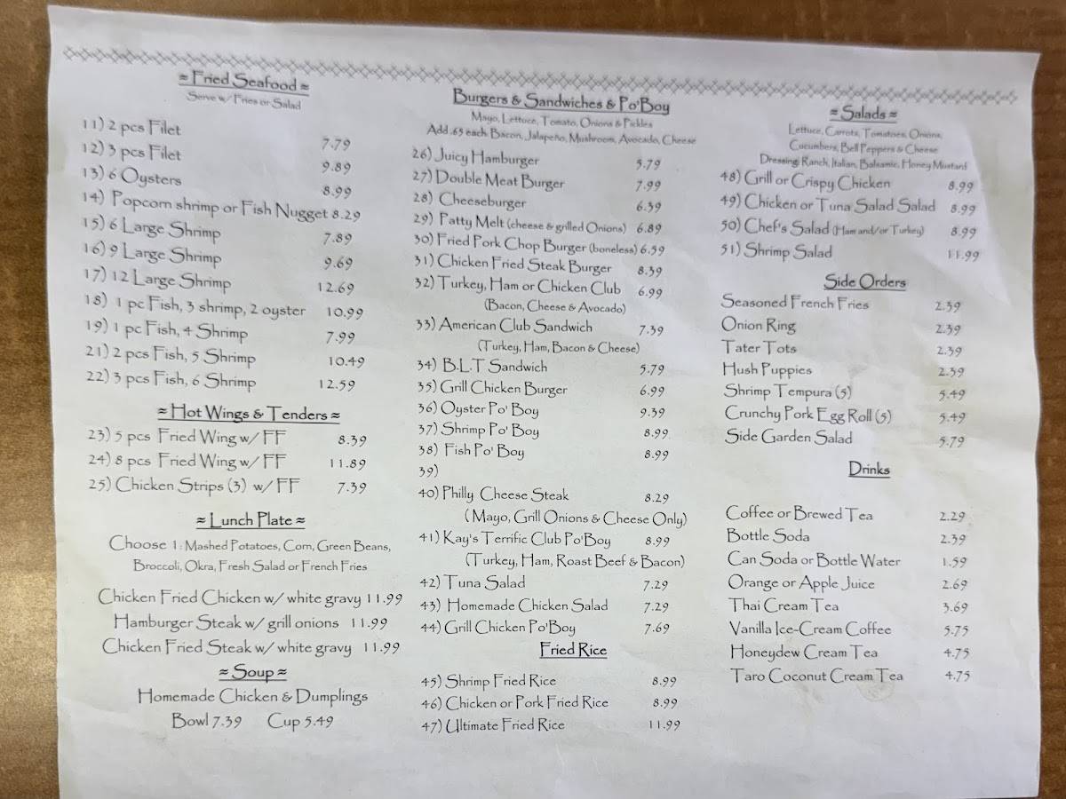 Menu at Kay’s Sandwiches & Burgers restaurant, Humble