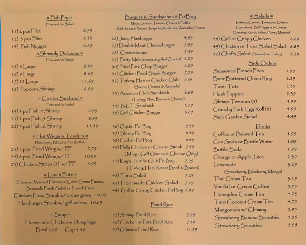 Menu at Kay’s Sandwiches & Burgers restaurant, Humble