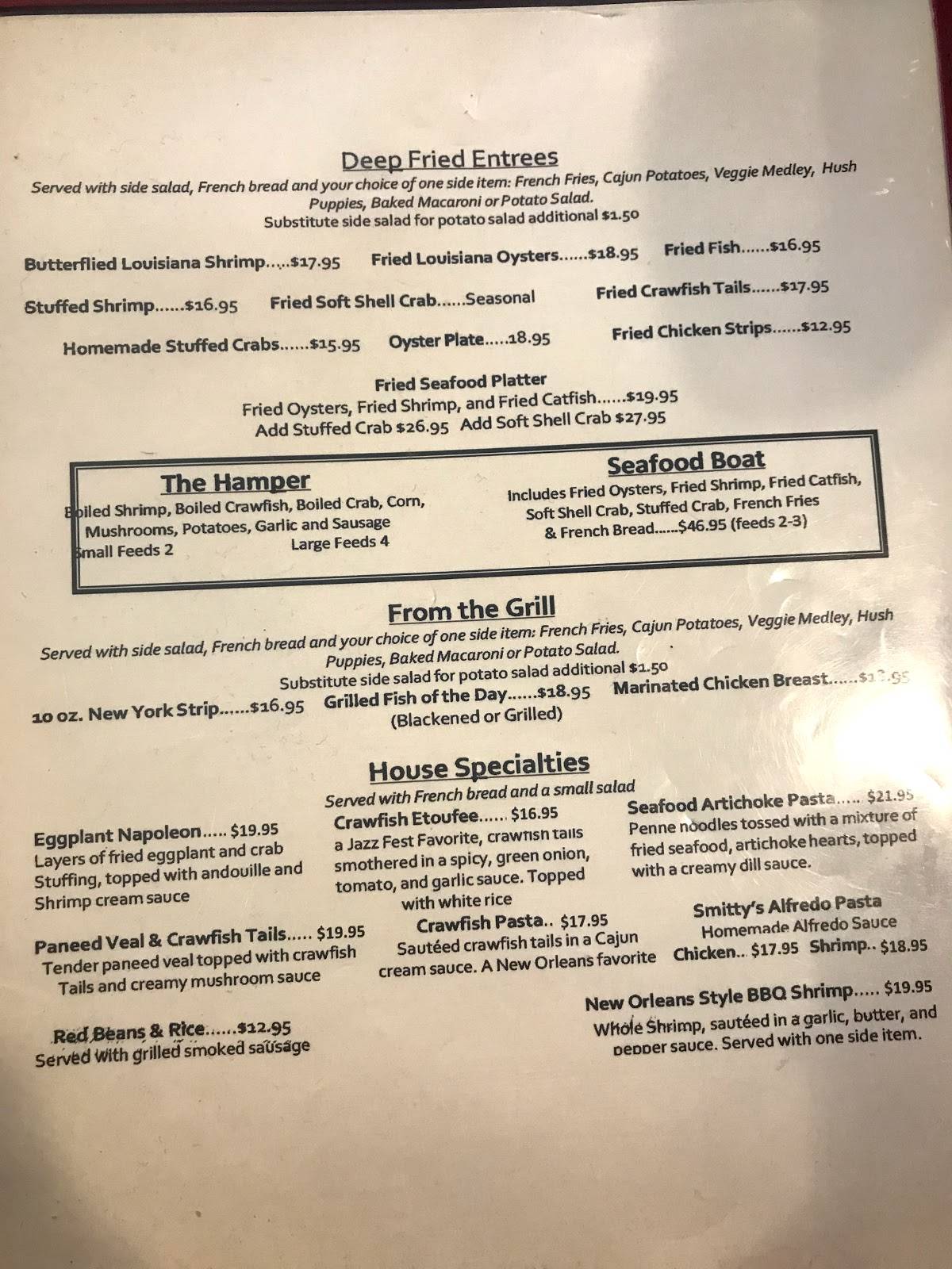 Menu at Smitty's Seafood restaurant, Kenner, W Esplanade Ave