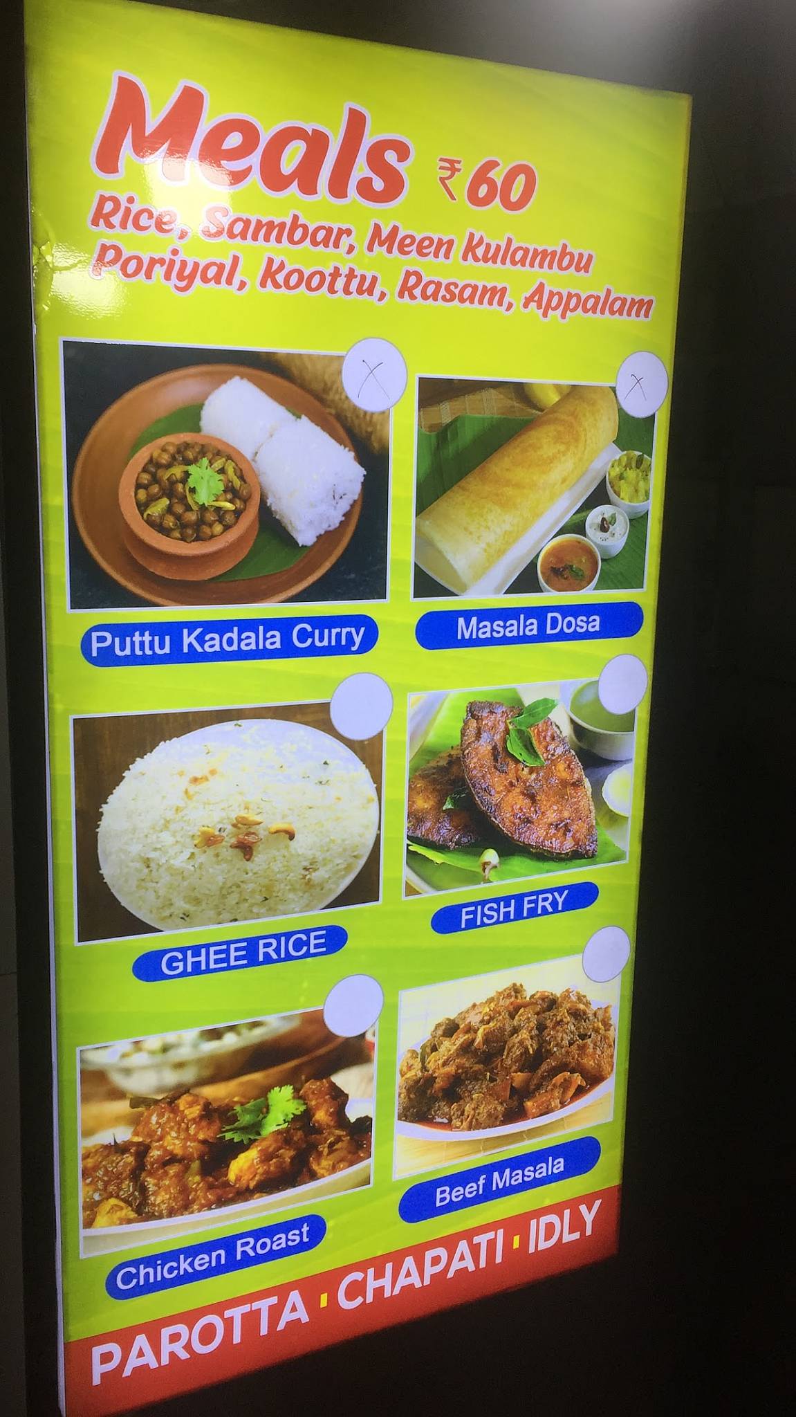 Menu at Kerala Mess, Chennai, Mosque St