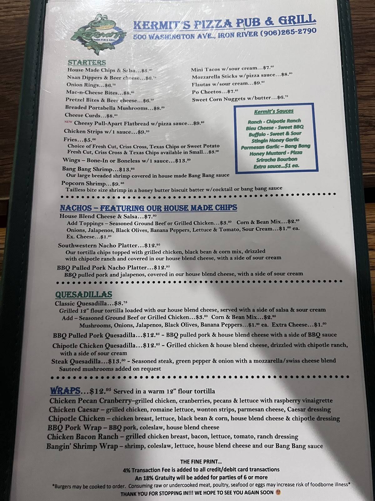 Menu at Kermit's Pizza Pub & Grill, Iron River