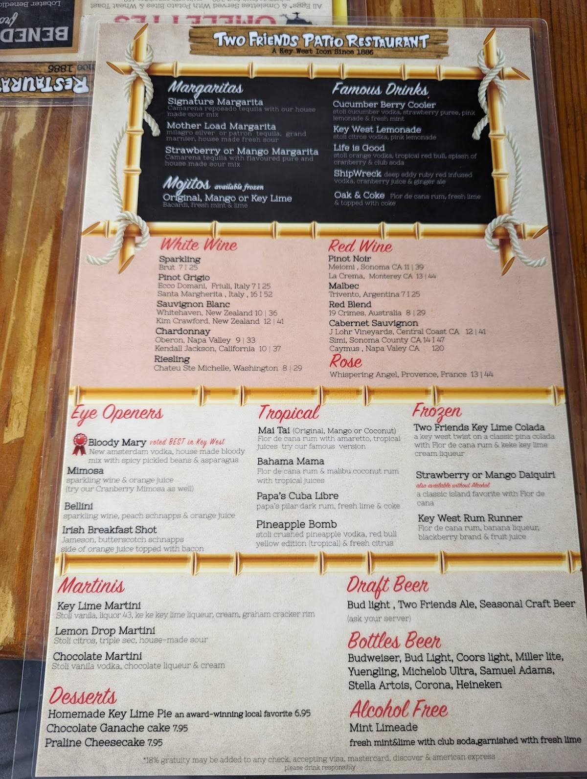 Menu at Two Friends Patio Restaurant, Key West