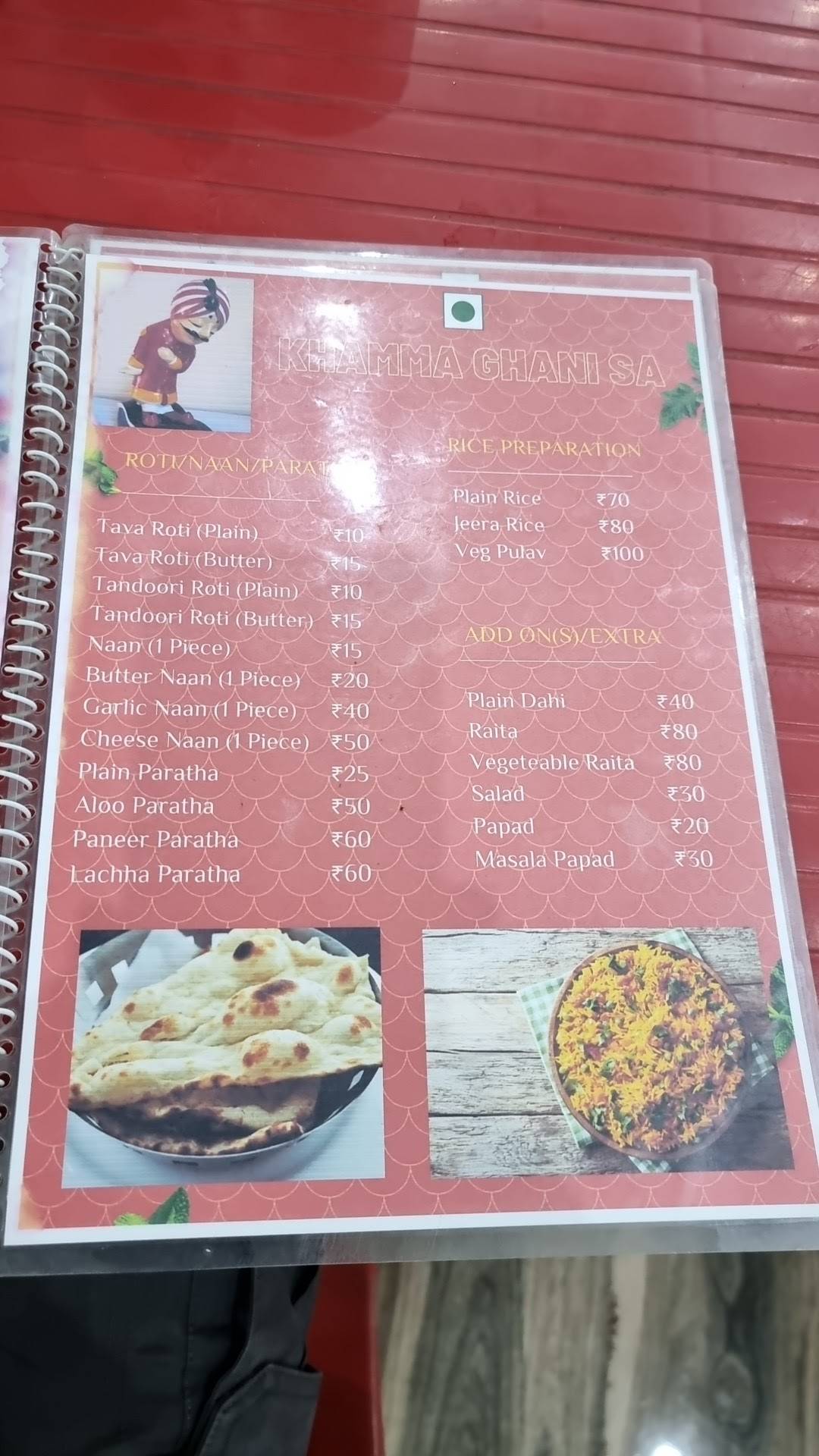 Menu at Khamma Ghani Sa, India