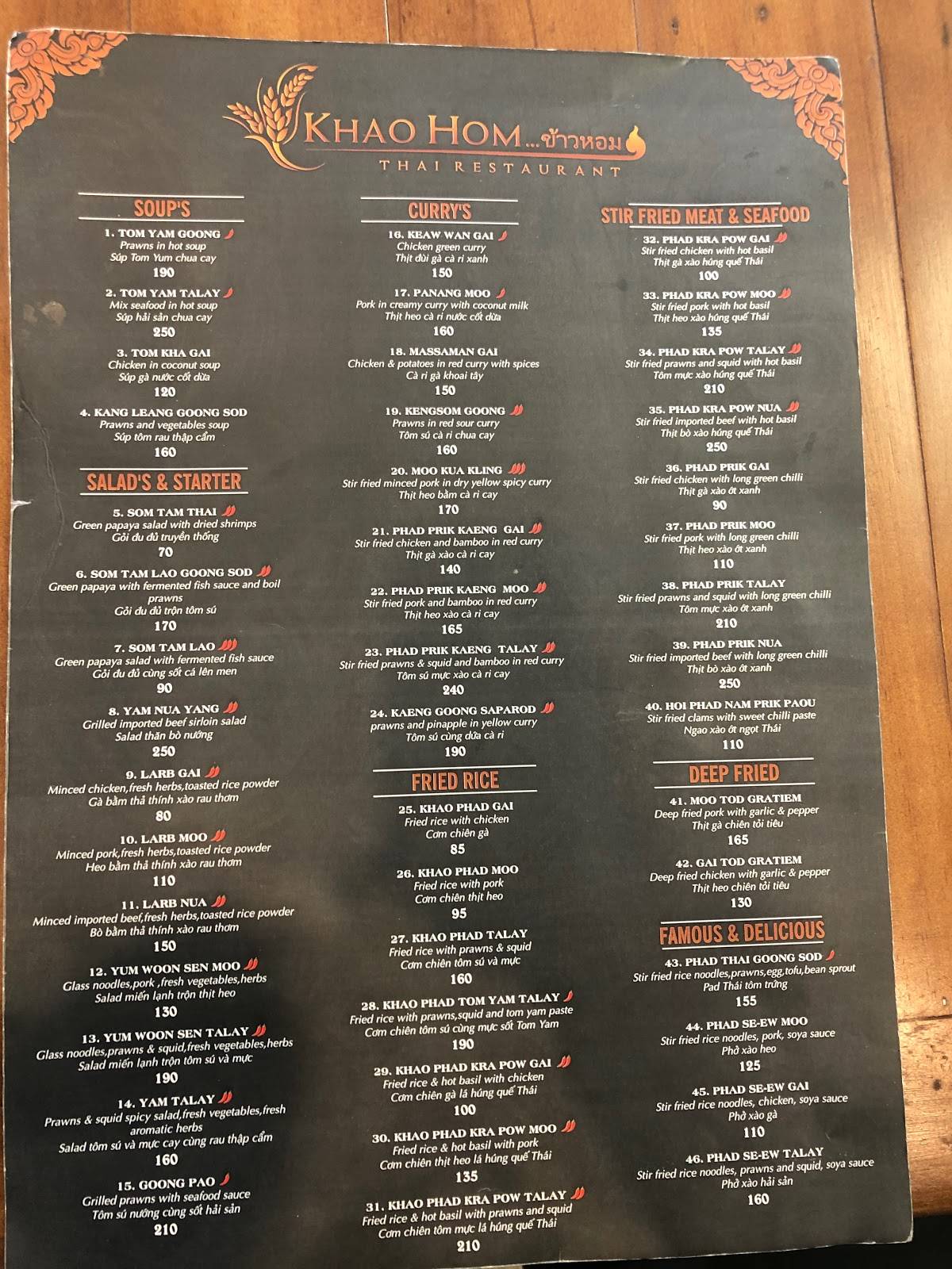 Carta de Khao Hom Thai Restaurant, Hanoi