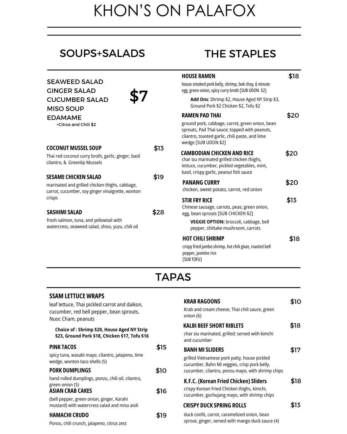Menu at Khon's restaurant, Pensacola