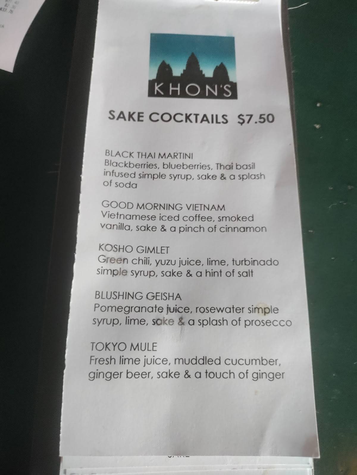 Menu at Khon's on Palafox restaurant, Pensacola