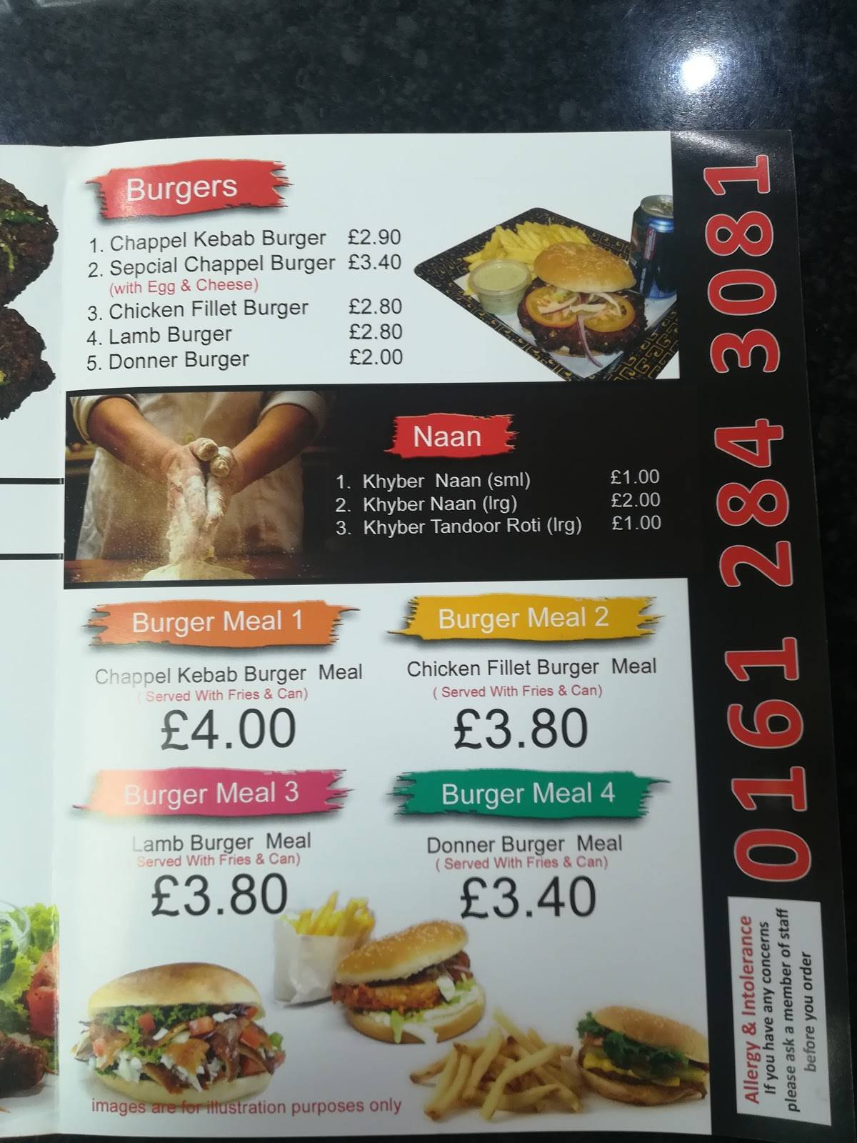 Menu at Khyber Kebabs restaurant, Oldham