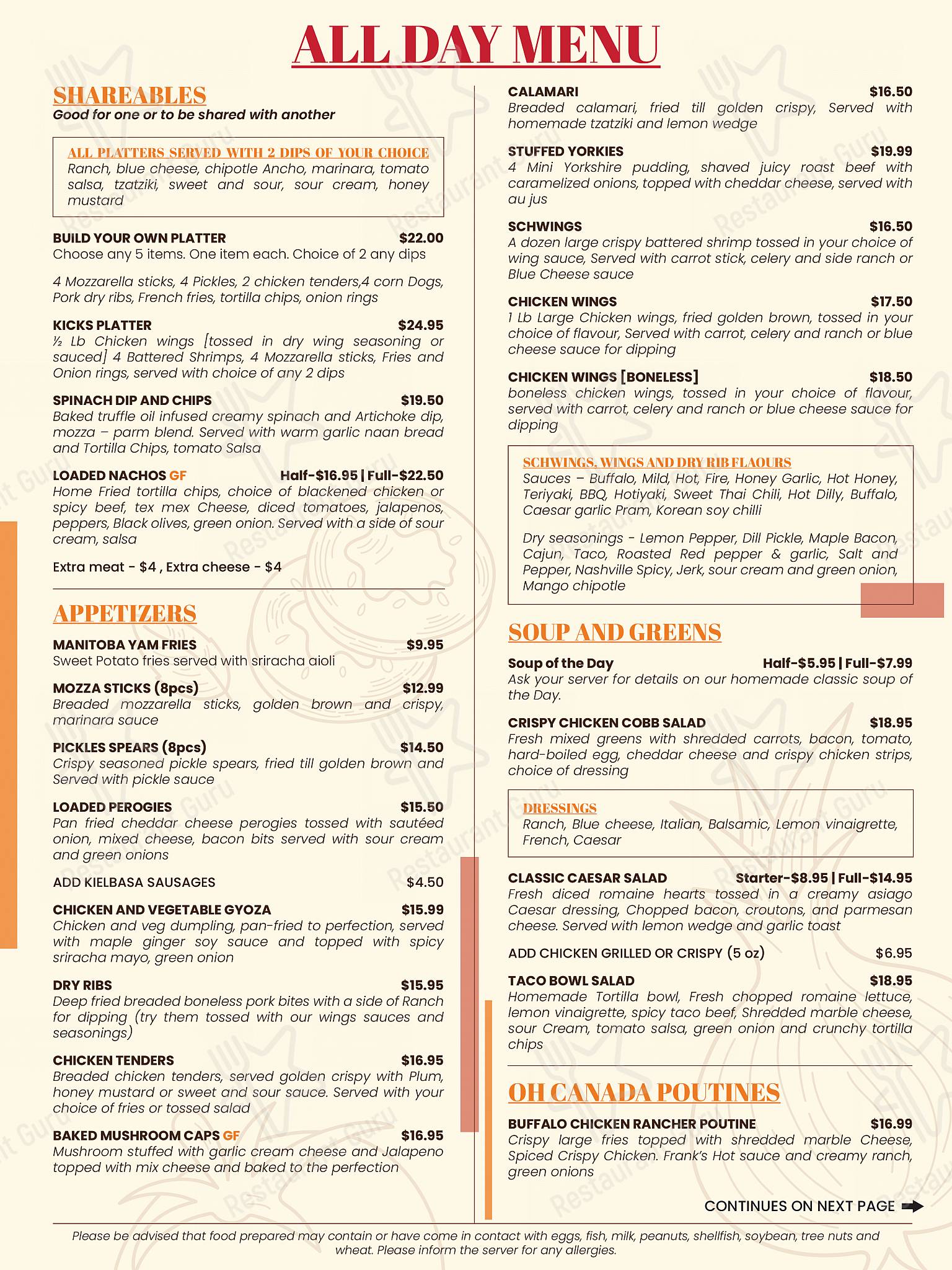 Menu at Kicks Saloon Bar & Restaurant, Redwater
