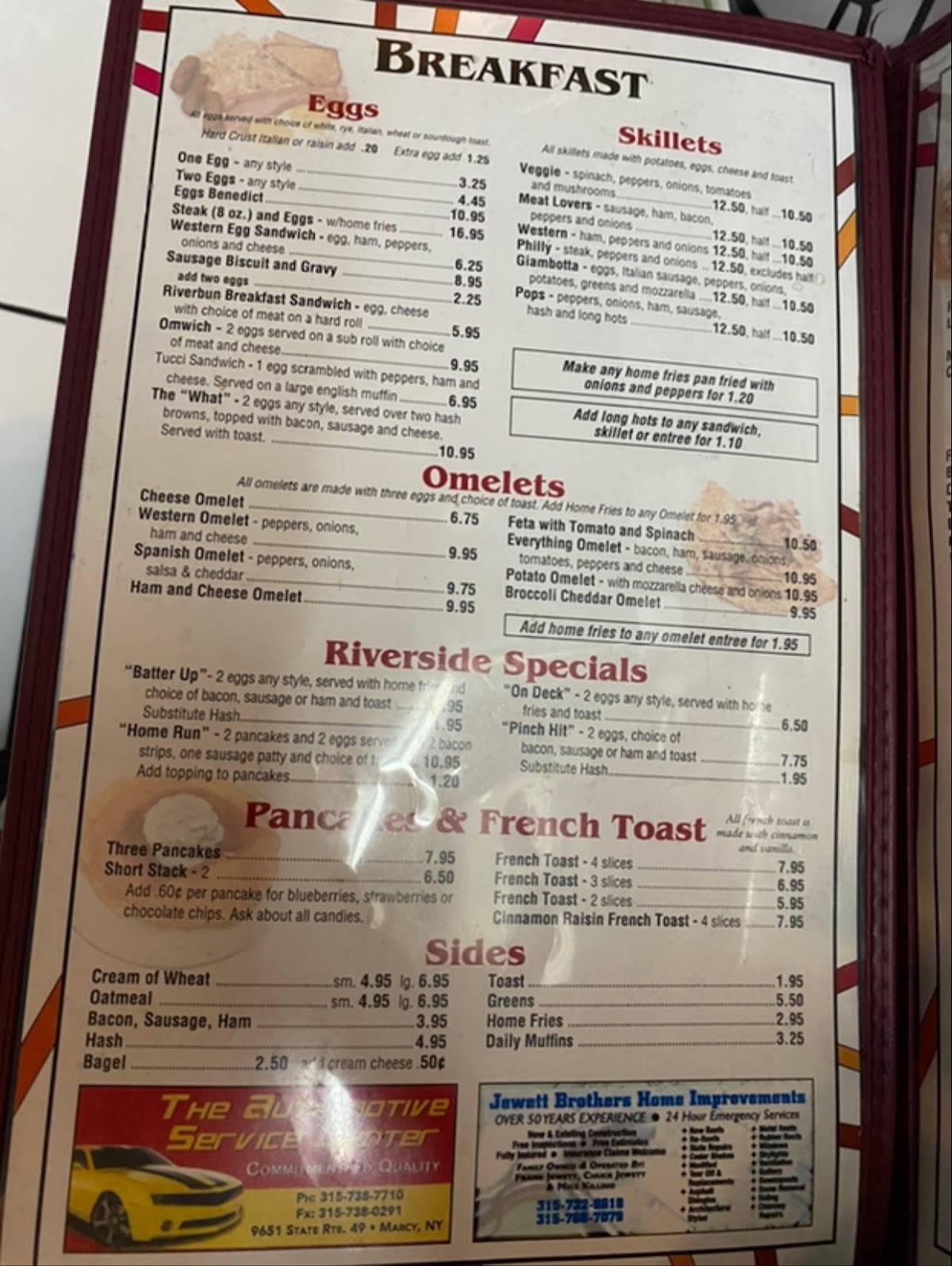 Menu at Killino's Riverside Diner restaurant, Utica
