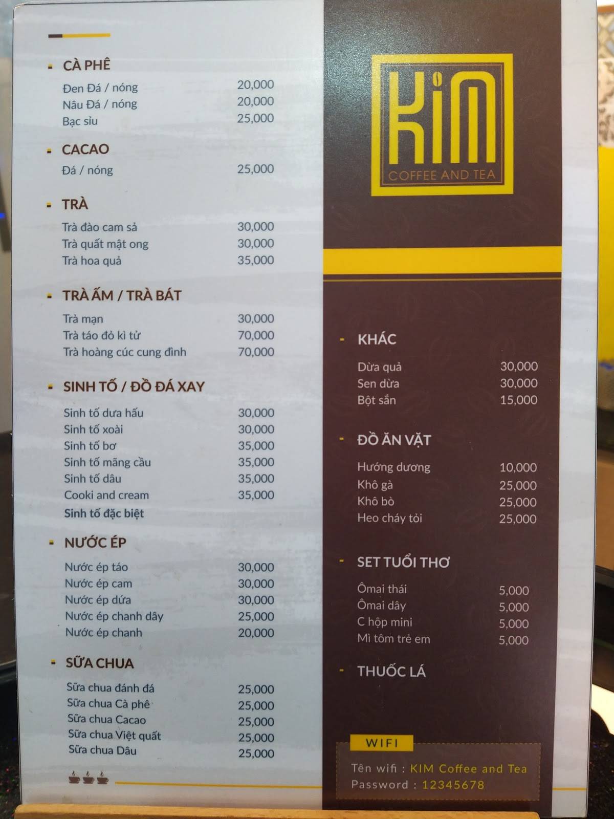 Menu at Kim Coffee cafe, Hanoi, No05-LK01 Khu đất giãn dân Hà Trì
