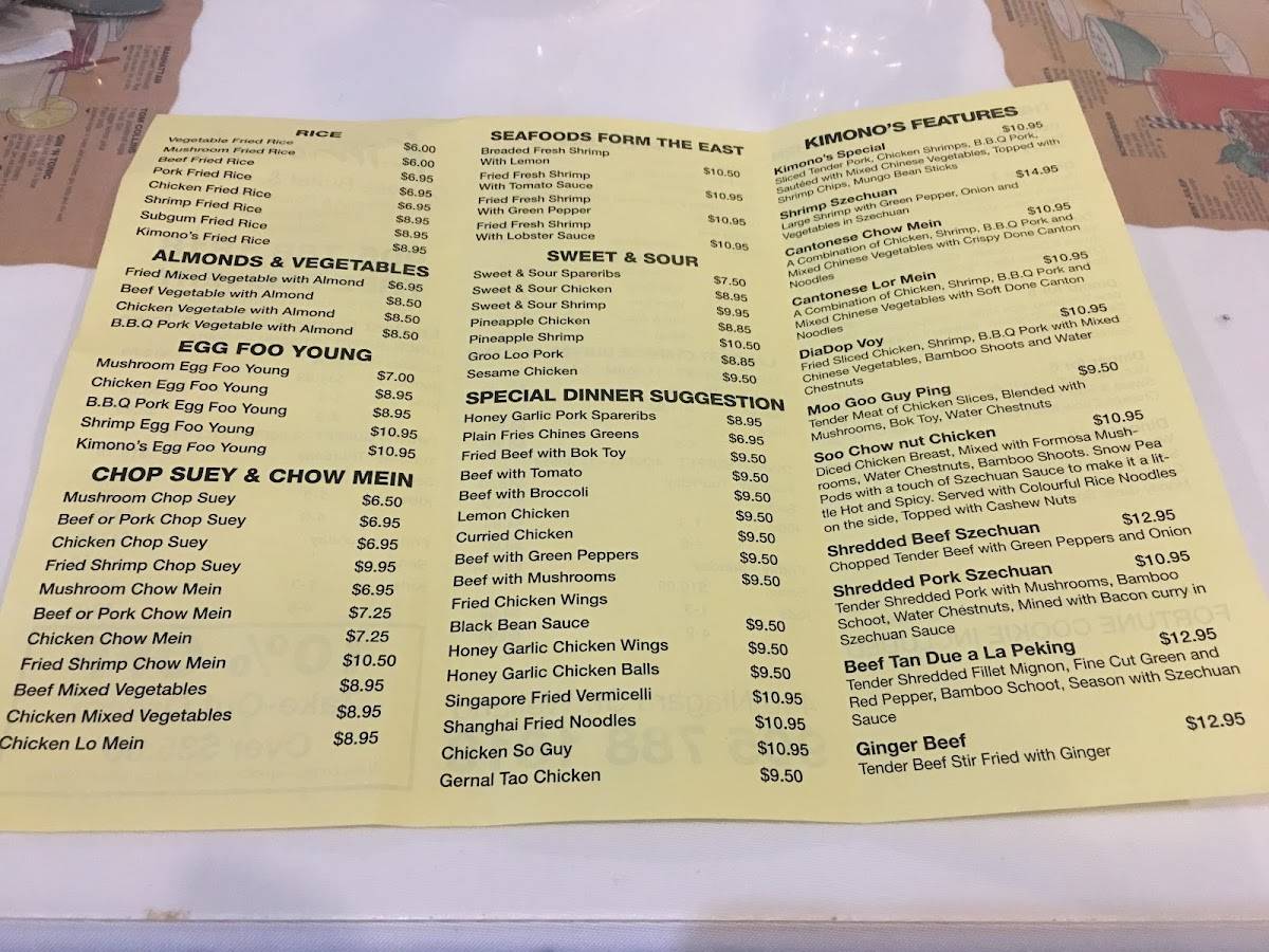 Menu at Kimono's Chinese takeout restaurant, Welland