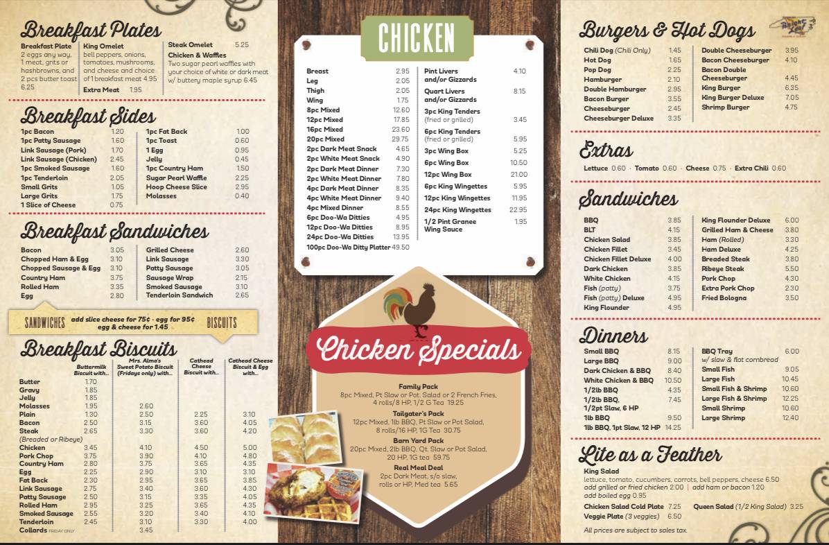 Menu at King Chicken Drive-In restaurant, Washington