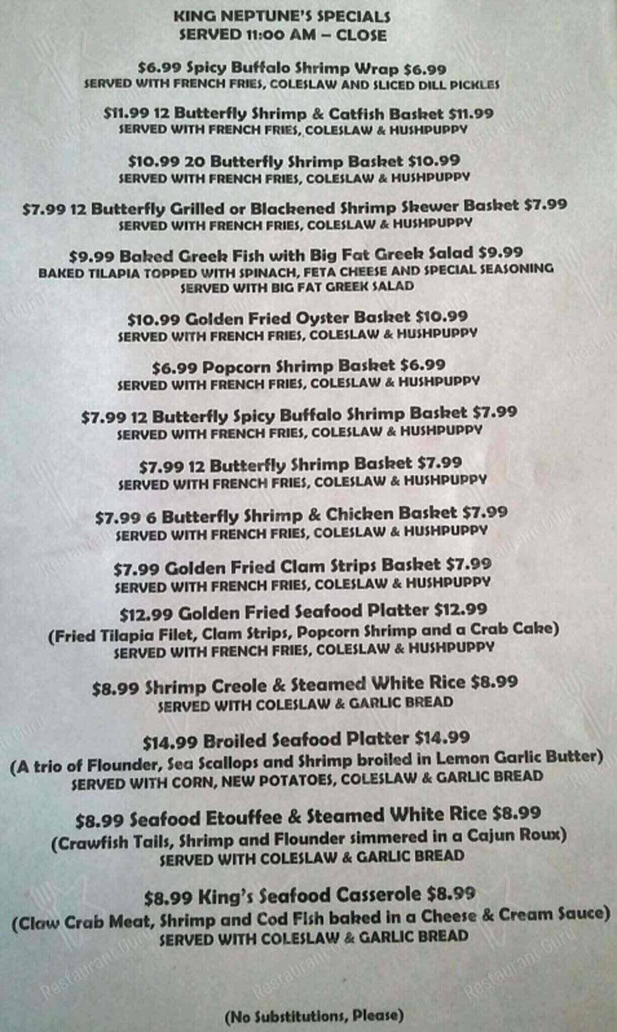Menu at King Neptune's Seafood Restaurant, Gulf Shores