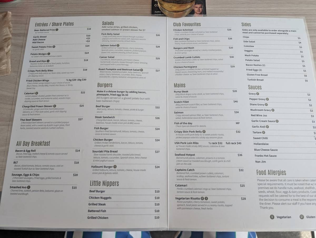 Menu at Kirra Beach Surf Club, Coolangatta