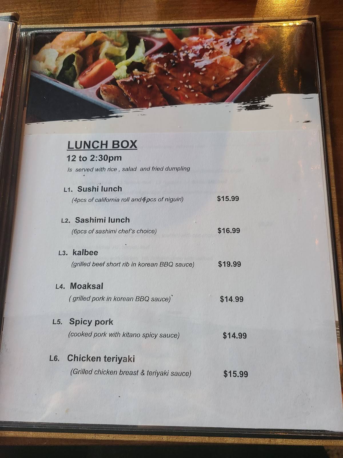 Menu at Kitano Japanese Cuisine restaurant, Sarnia, Confederation St