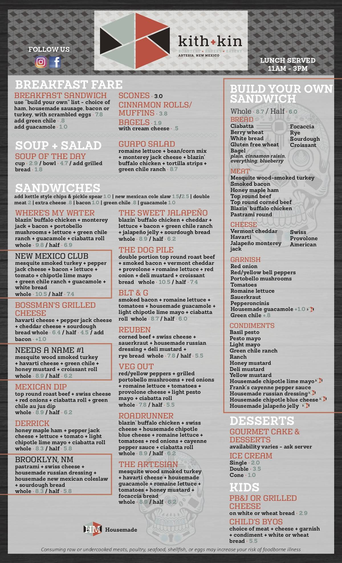 Menu at Kith+Kin Roasting Co cafe, Artesia