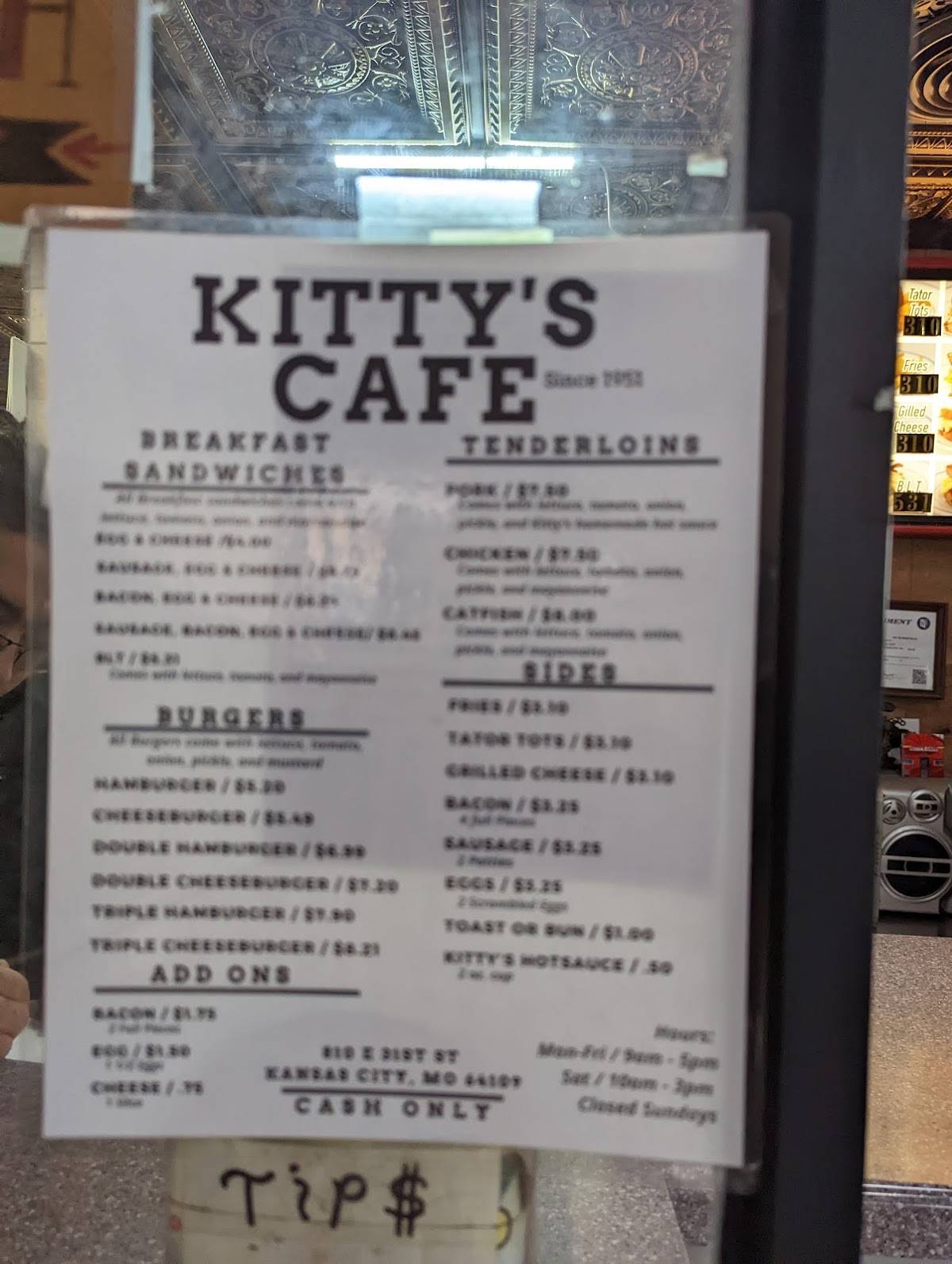 Menu at Kitty's Cafe, Kansas City